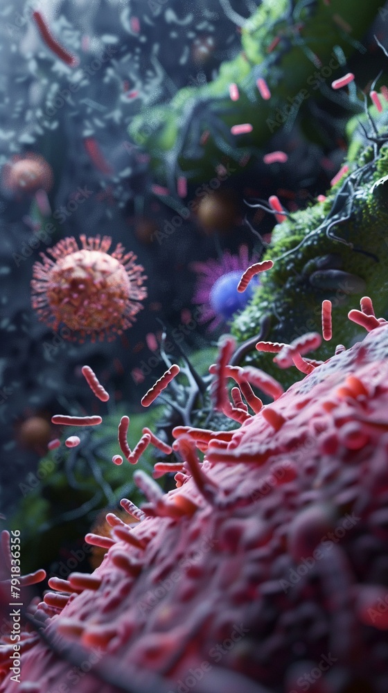 Microscopic view of pathogens invading cells, high detail, ominous ...