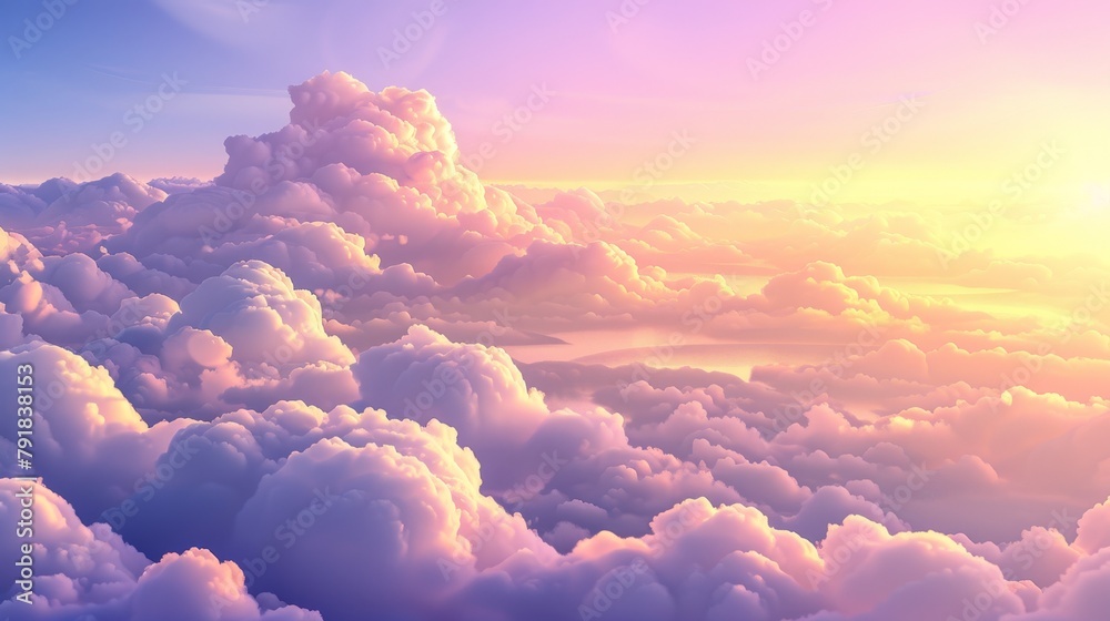 Sky, pink heaven background with fluffy clouds in white and lilac ...