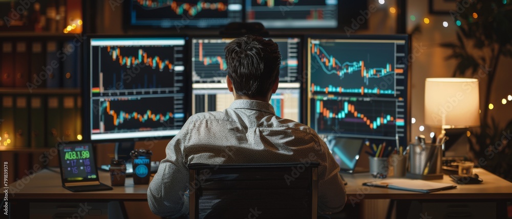 Businessman determining next investment trade at a bank office using ...