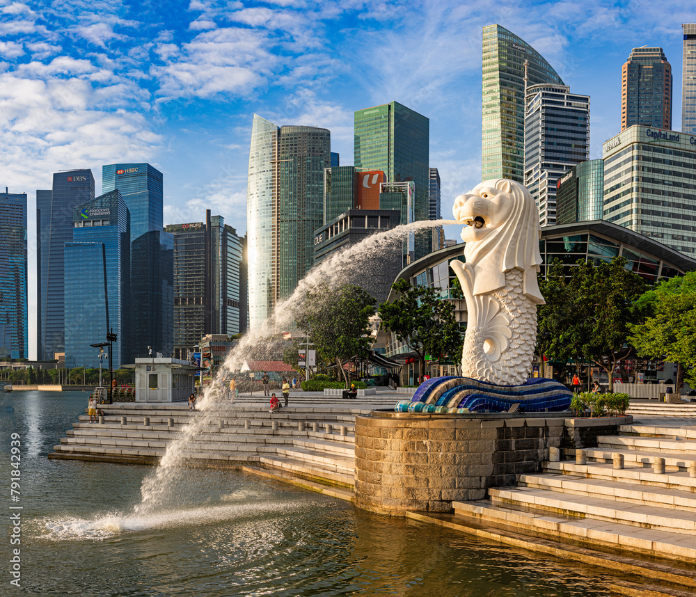 Singapore, February 03, 2024: Merlion statue fountain at Merlion Park ...