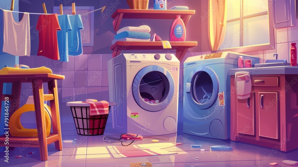 Animated cartoon laundry room interior design. Clean sheets drying on ...