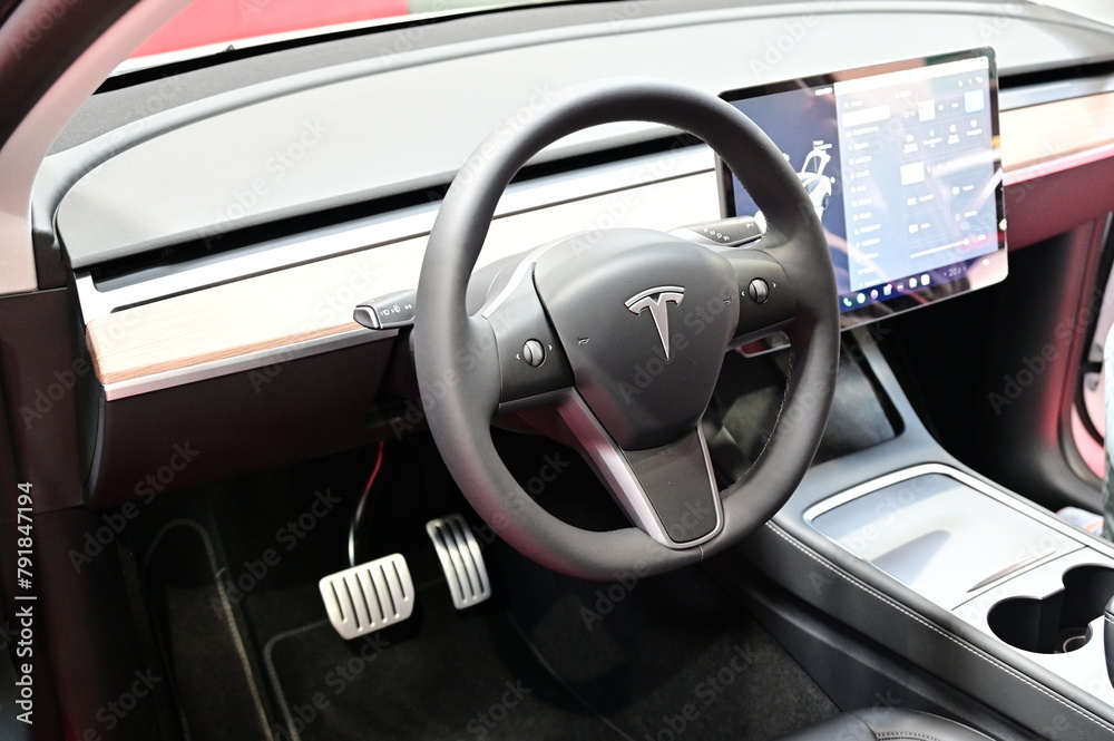 interior view of full electric Tesla car cockpit Turin Italy April 20 ...