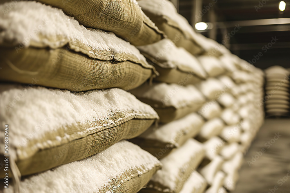 A close-up of stacked sacks of sugar in a warehouse, uniformity and ...