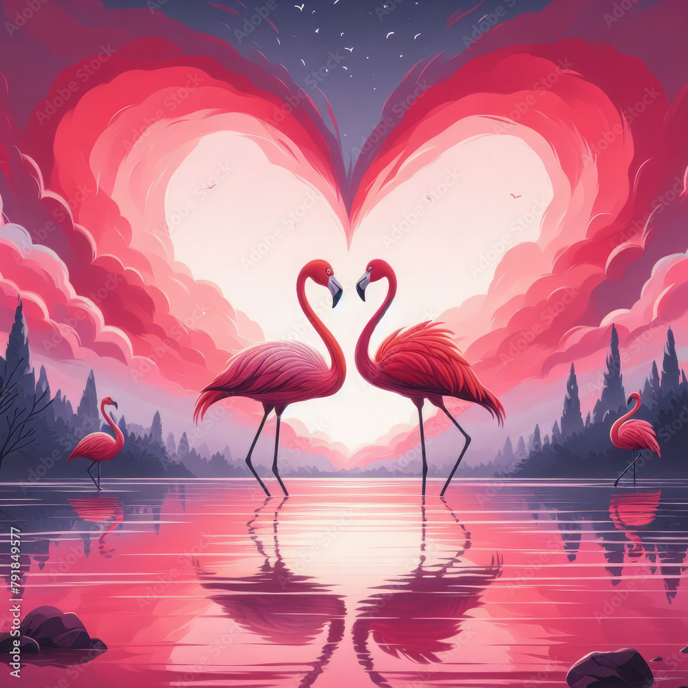 Generative AI the beauty of two loving flamingos, An affectionate and beautiful scene of two ...
