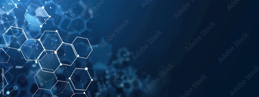 Dark blue background with white hexagonal technical elements and data ...