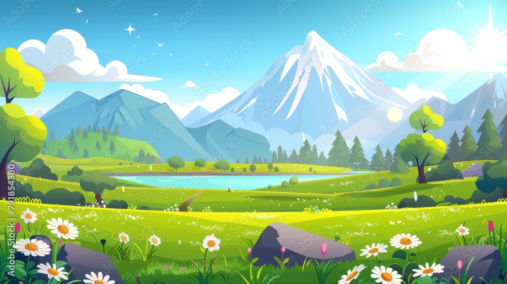 Nature illustration of a spring mountain with a greenfield background ...