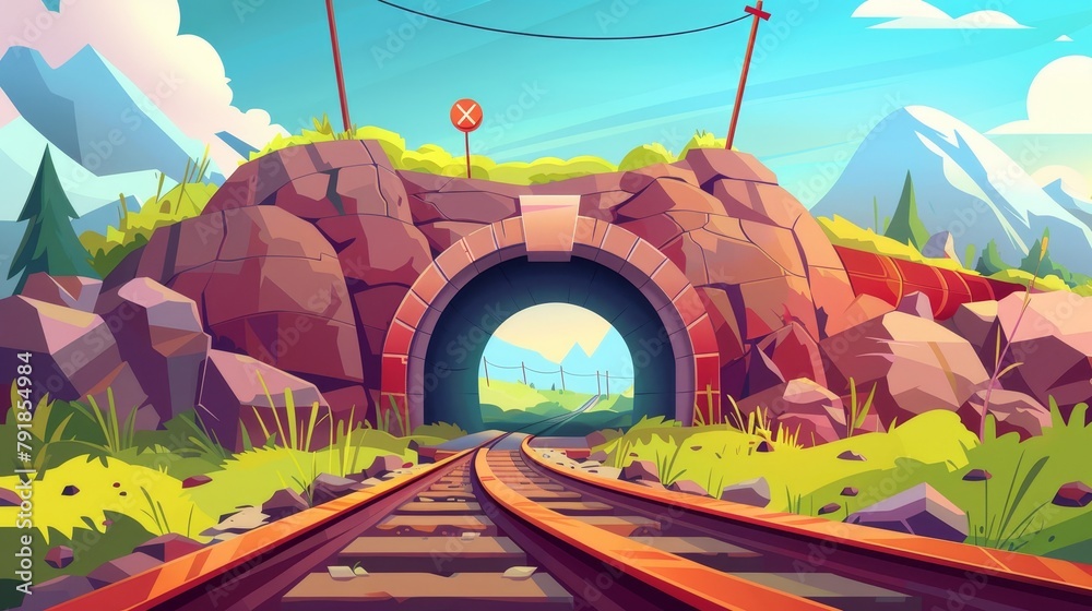An underground tunnel under a rock hill is shown in this modern cartoon ...