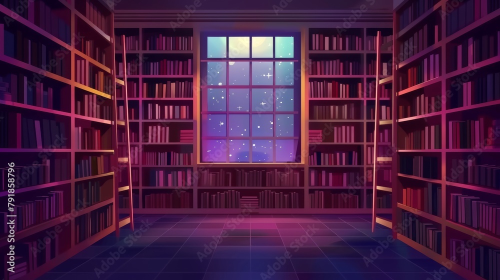 An interior animation of a library room with bookshelves and ladder. A ...