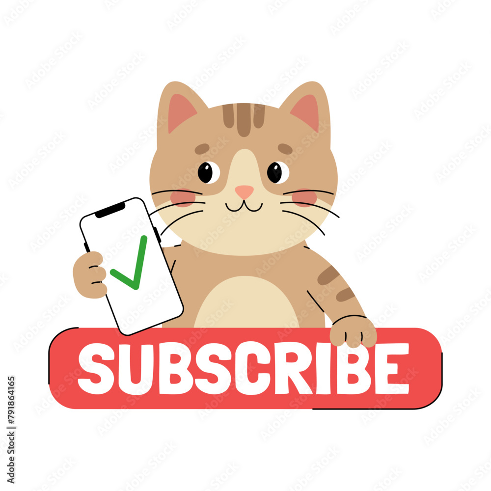 Sticker subscribe with cute cat character with check mark on smartphone ...