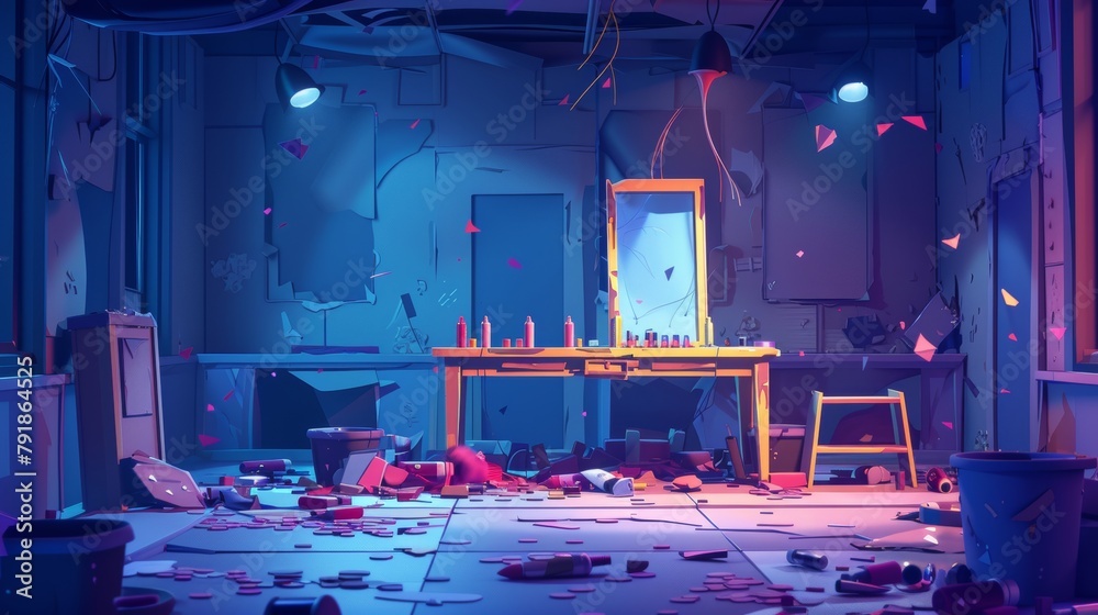 A messy shattered dressing room with an abandoned tables and mirrors ...