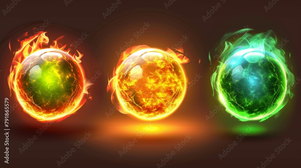 This fantasy globe has circles of luminous plasma surrounding yellow ...