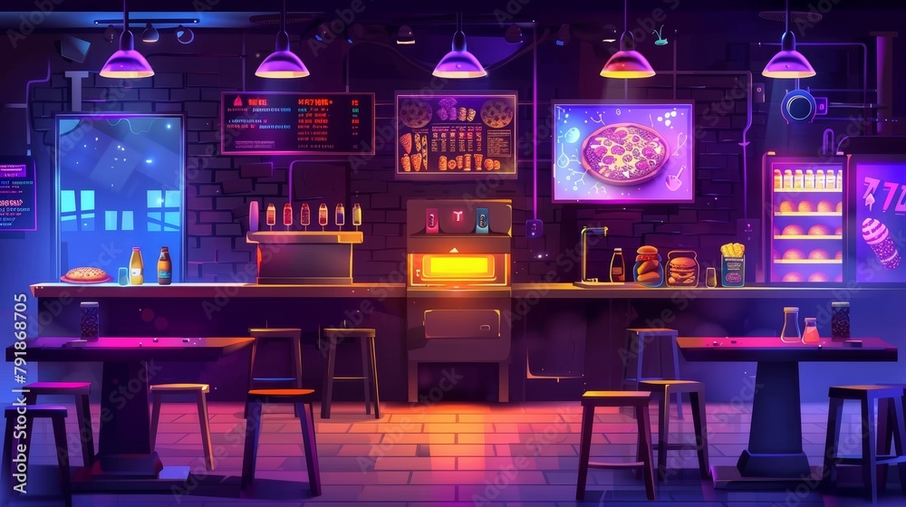 Interior of a pizza restaurant at night with empty tables and chairs ...