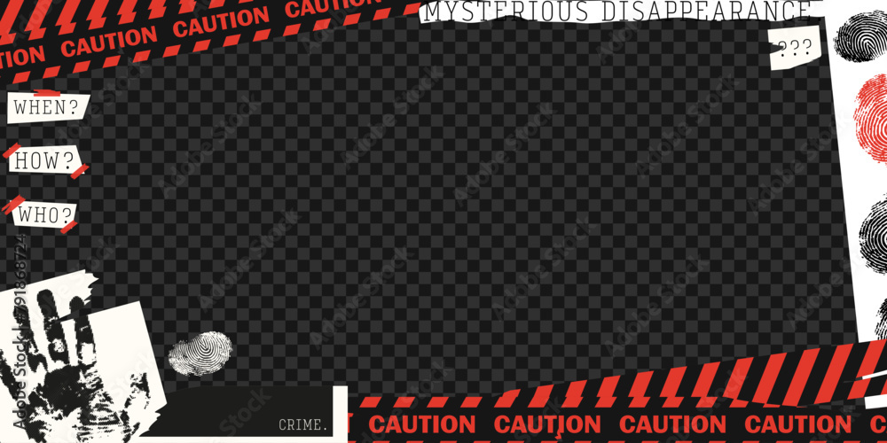 A frame of crime investigation elements, caution tape, finger and hand ...