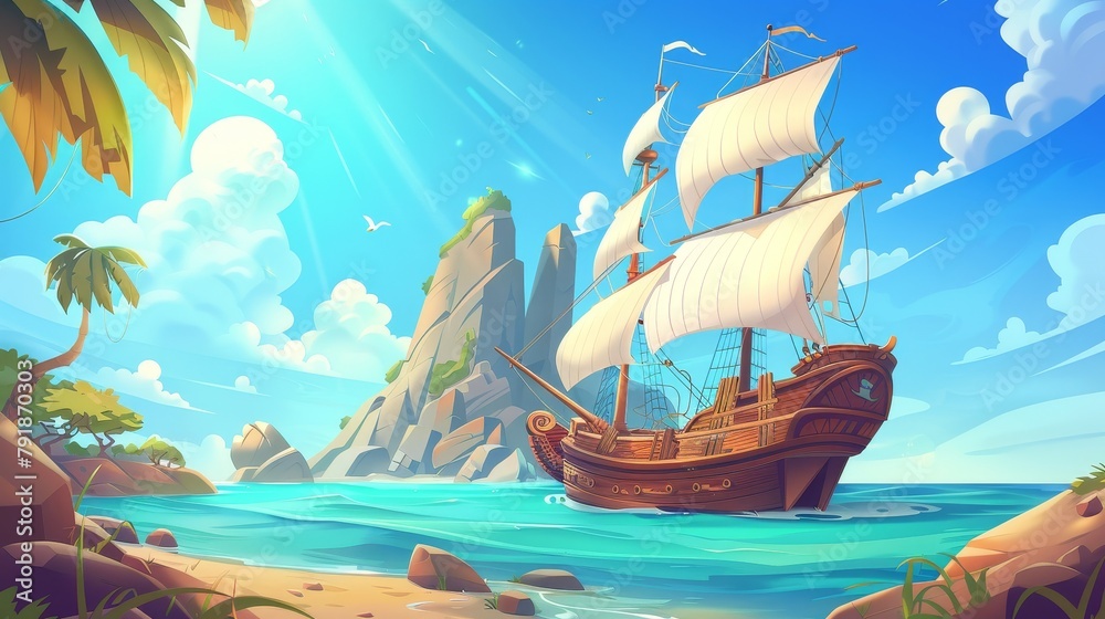 Animated design of old wooden sailboat with wooden deck, captain's dock ...