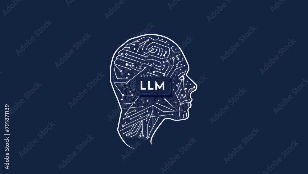 AI head with the letters "LLM" written on it, circuit board patterns ...