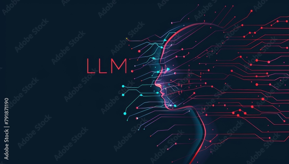an AI head with the letters "LLM" floating above it, and circuitry ...