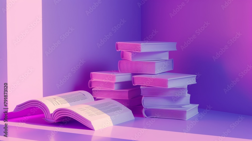 Stack of closed books with open one on pastel purple background with ...