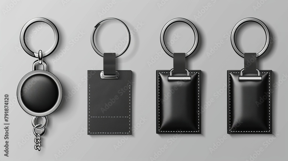 This realistic 3d modern set contains a metal ring with a keychain. The ...