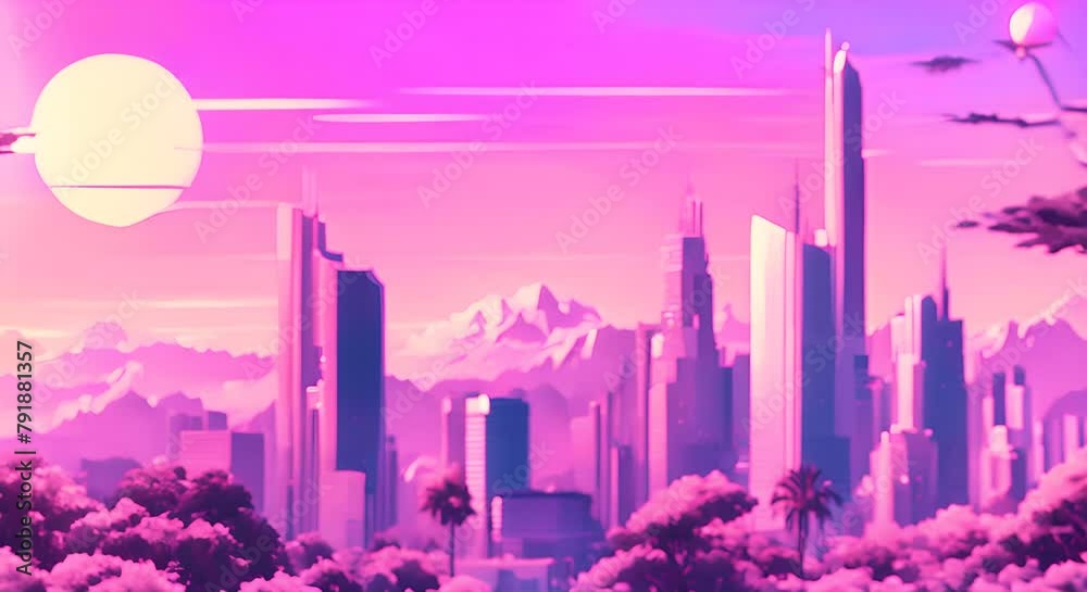 sunset scene over a futuristic city skyline. The city is illuminated ...