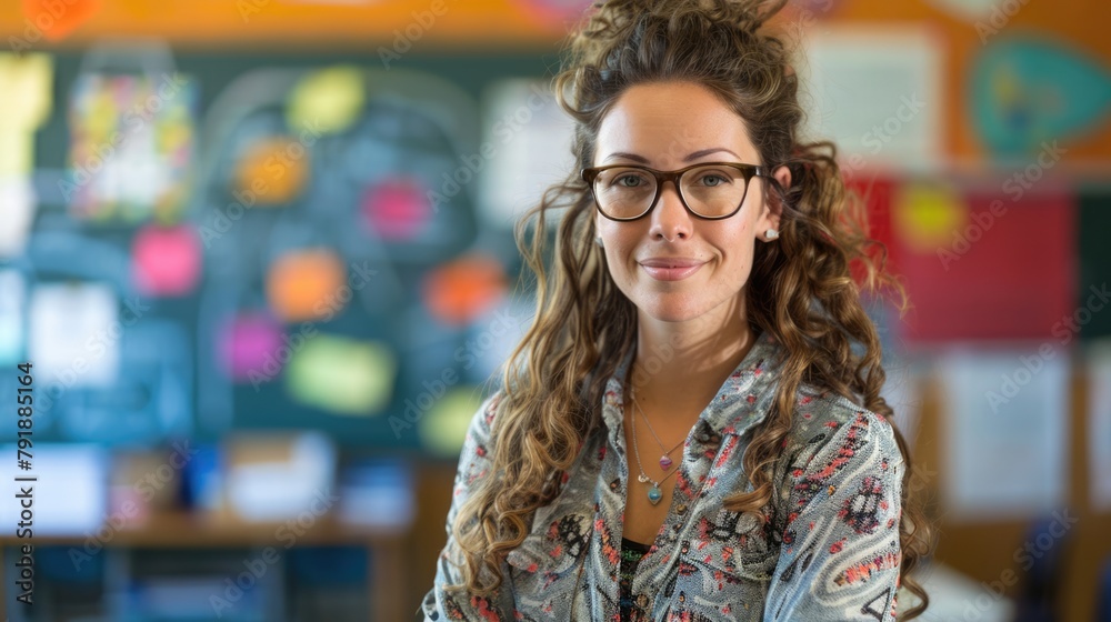 Portrait of a young adult beautiful primary school teacher. School ...