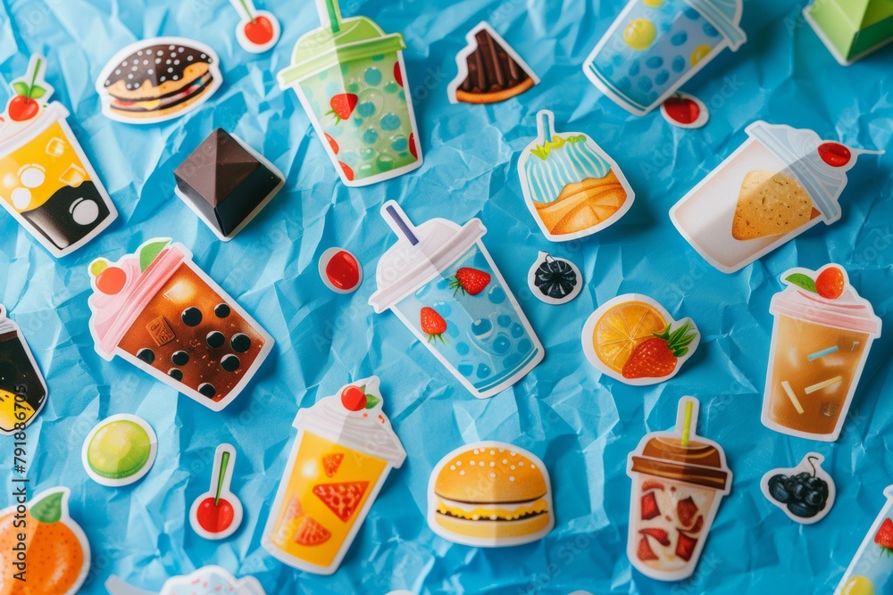 stickers of food-shaped, including bubble tea, chocolates and cakes are ...