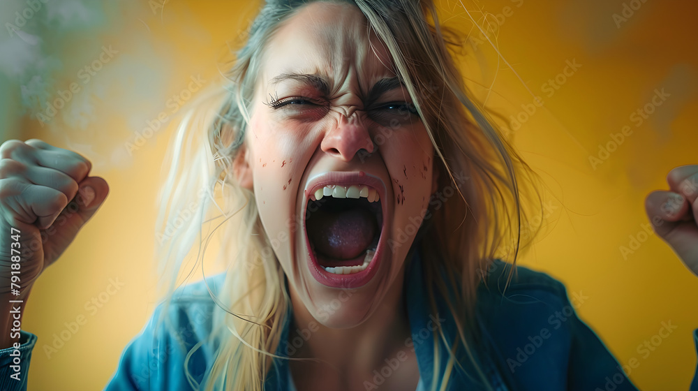Intense portrait of a screaming woman, embodying raw emotion, suitable ...