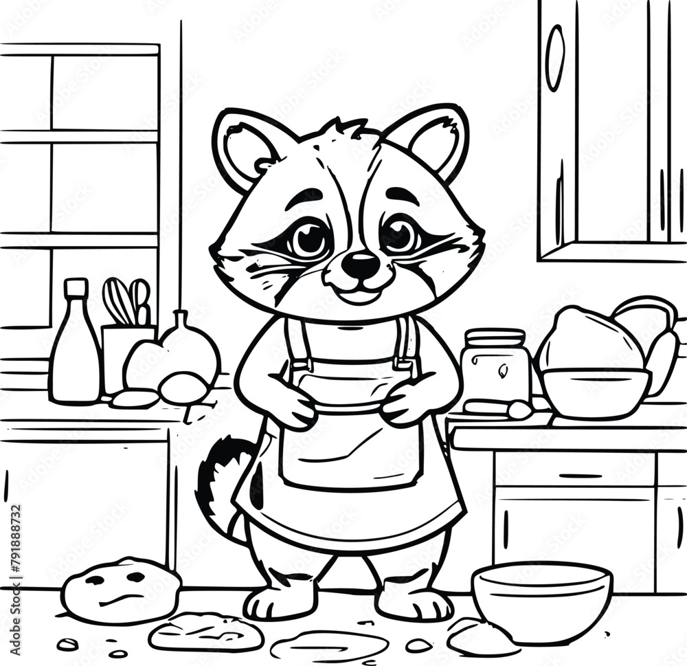 Cute Raccoon Baking Cookies outline doodle cartoon illustration. Bold ...
