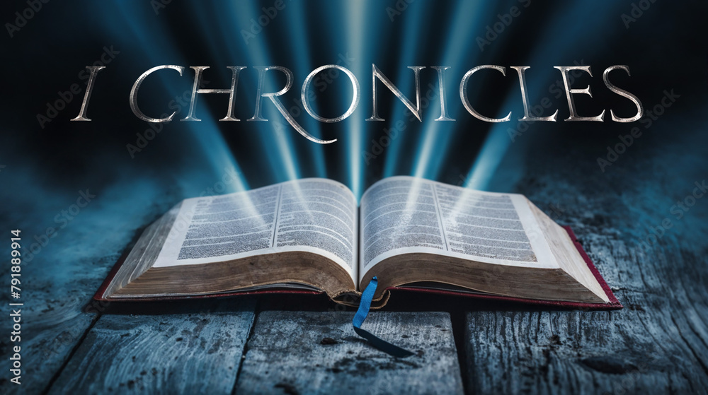 The book of 1 Chronicles. Open bible with blue glowing rays of light ...