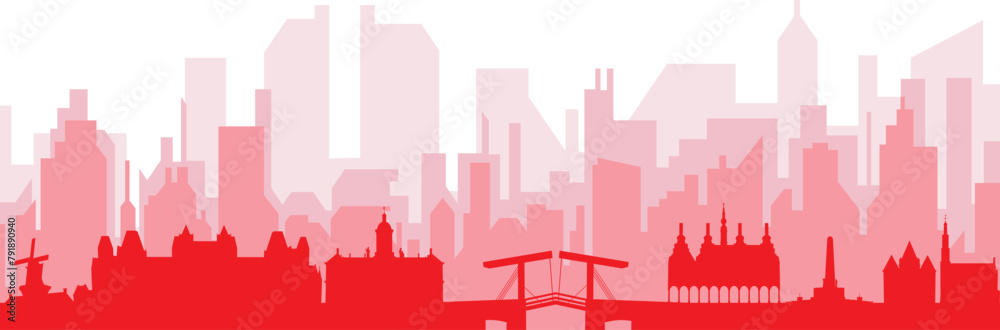 Red panoramic city skyline poster with reddish misty transparent ...