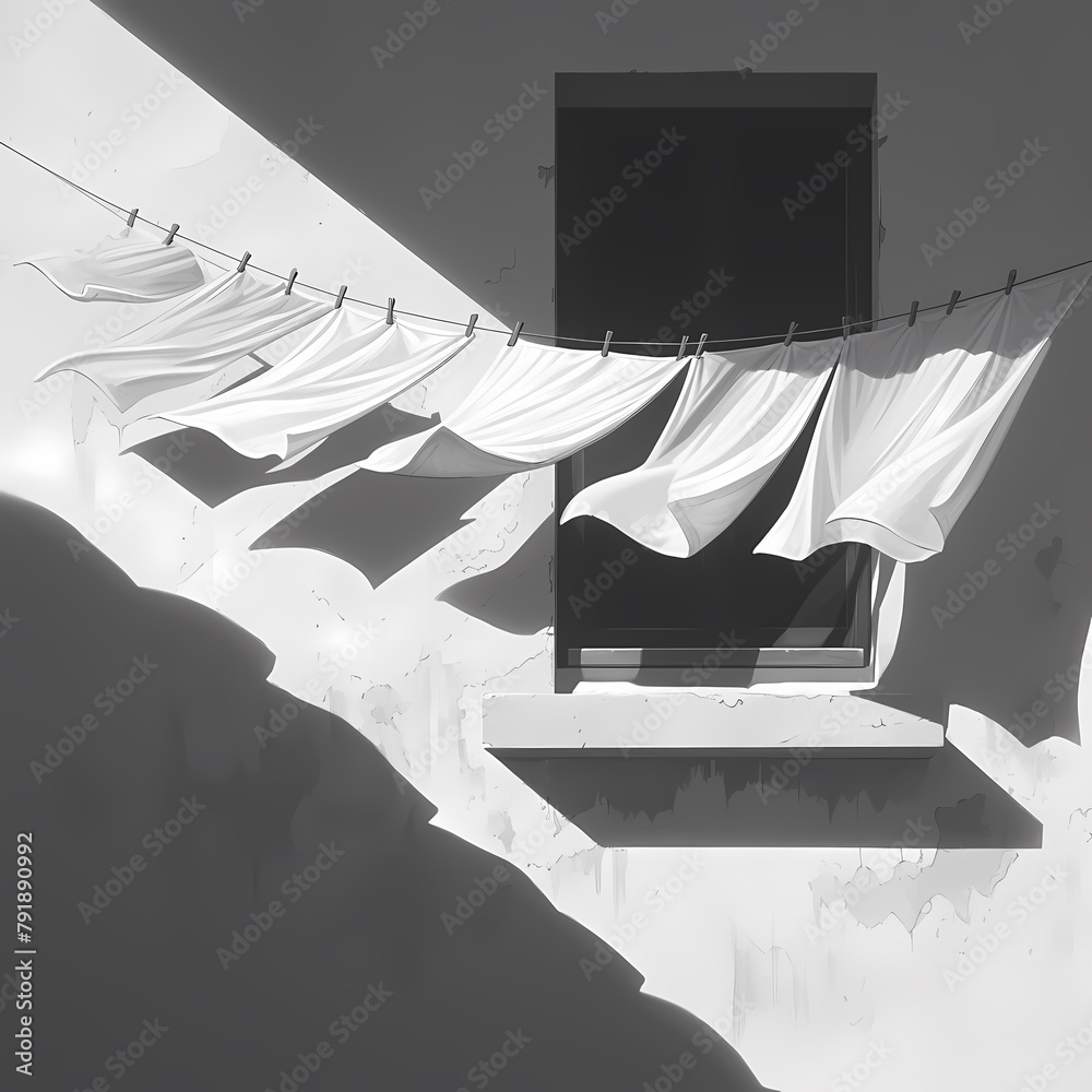 Whimsical laundry dancing in the wind on a white building's washing line, evoking the charm of ...