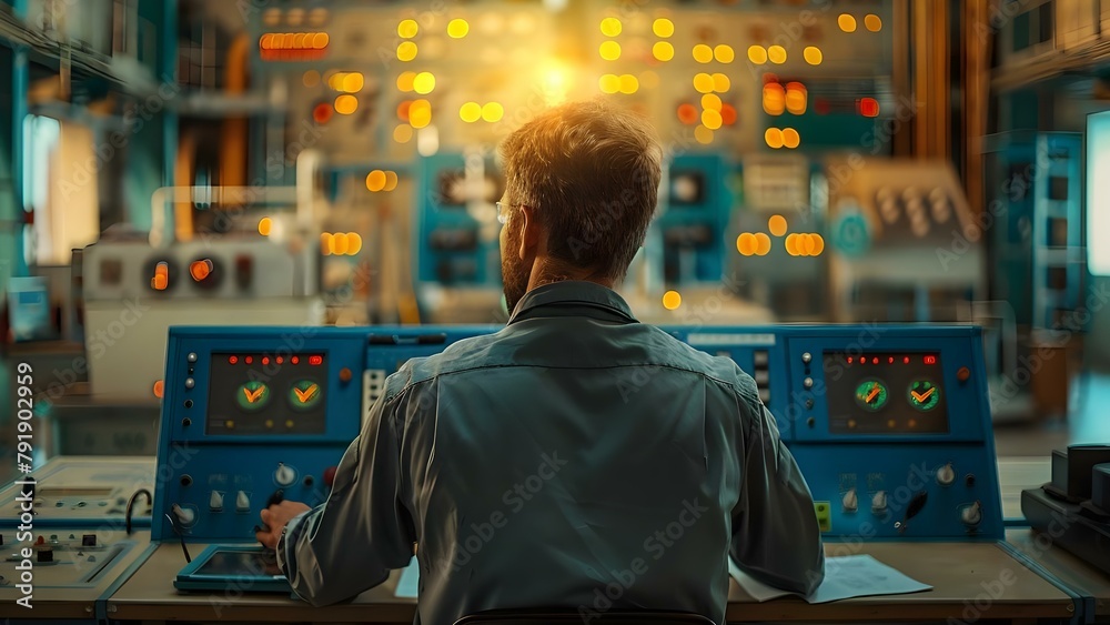 Engineer working at blue central control panel in a nuclear power plant ...