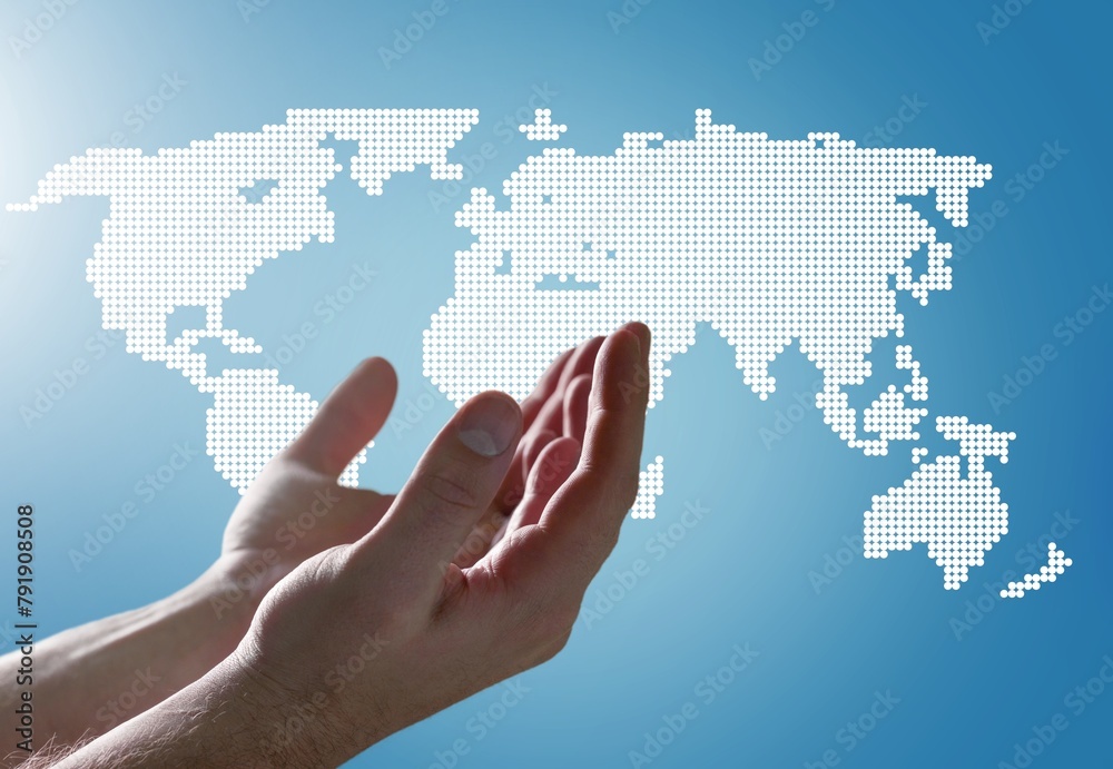 Christian praying hands for global mission at world map background ...