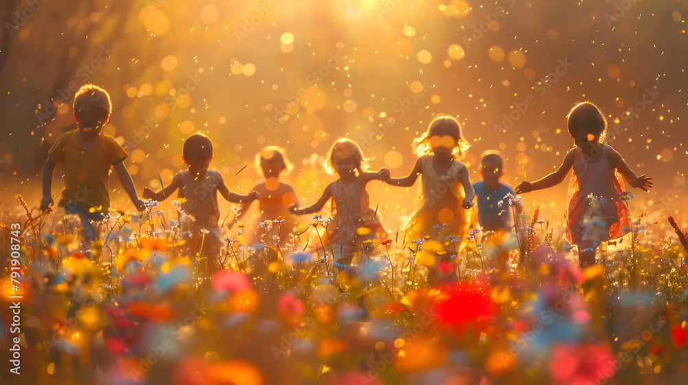 children playing in flower fields, small children holding hands playing ...