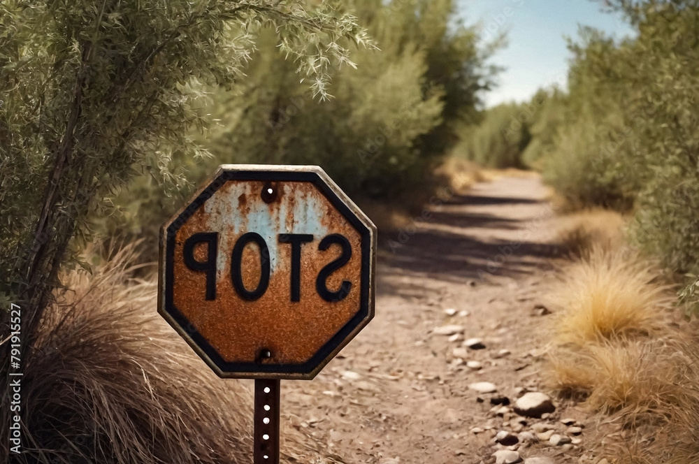 Close-up of an vintage, peeling, rusty stop sign in very rough ...