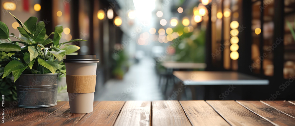 Craft paper coffee cup mockup on bar,restaurant, cafe counter. Blurred ...