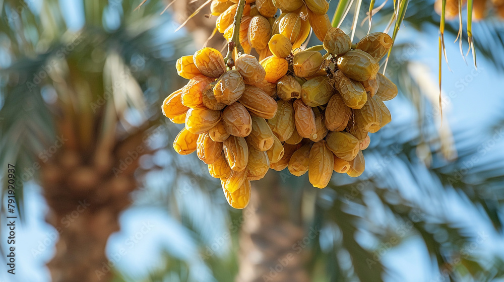 cluster of ripe dates hanging from the branches of a Date Palm tree ...