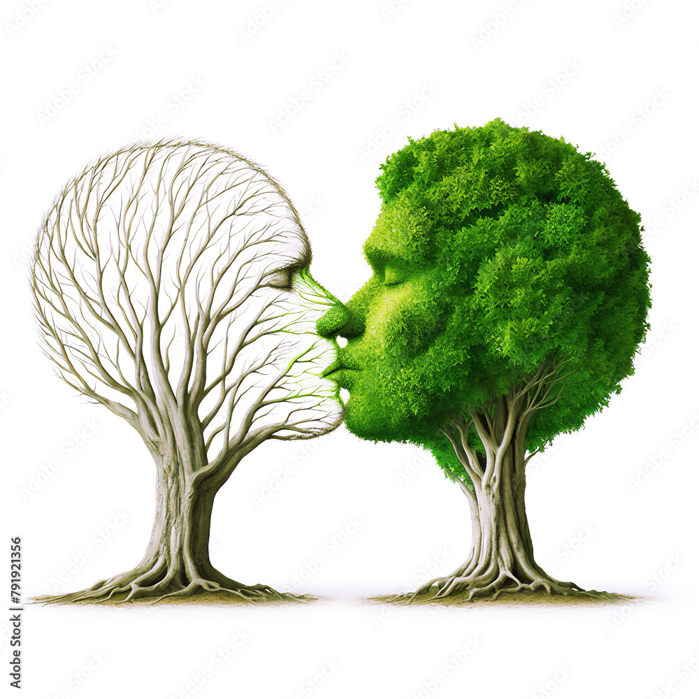 Two trees shaped as a human head attracted together as a devoted loving ...