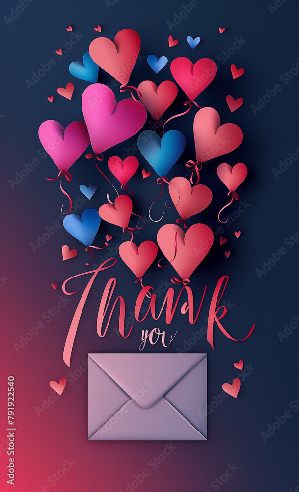 Thank you card with colorful hearts in pink , blue and red ...
