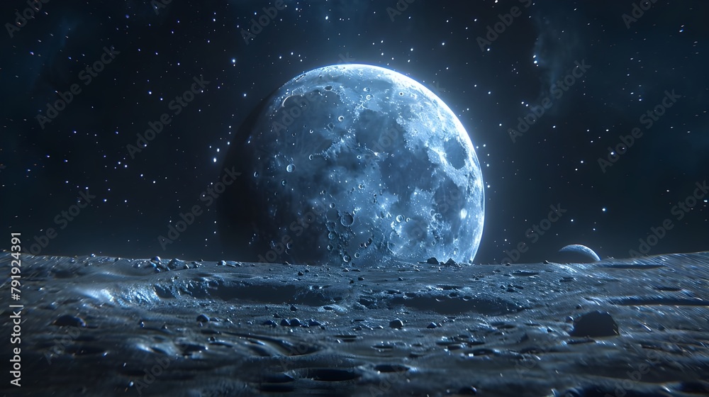 Moon looking blue in space. 3D scene created and modelled in Adobe ...