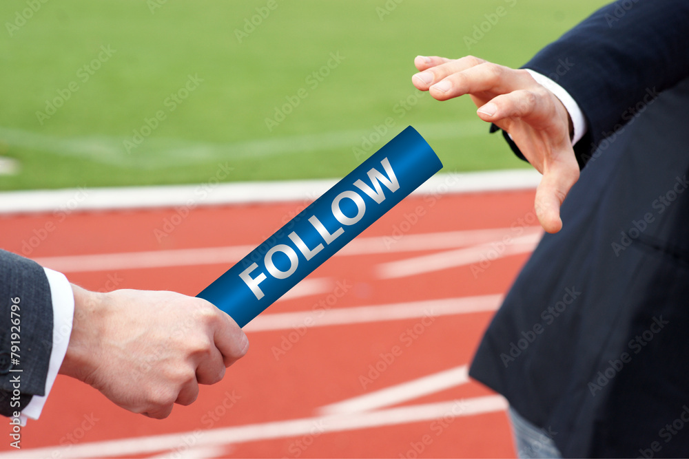 ภาพประกอบสต็อก Passing baton with word follow relay race concept social ...