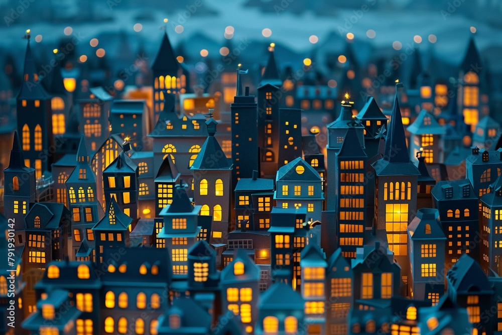 Papercraft art stock image of a bustling cityscape at night, buildings ...