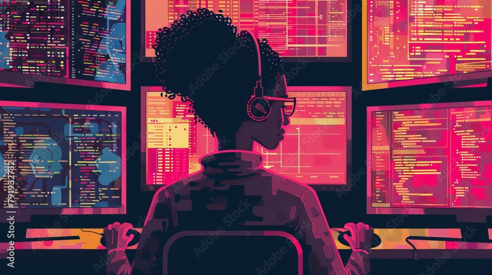 Woman in tech codes on screens, focused, efficient - an icon of ...