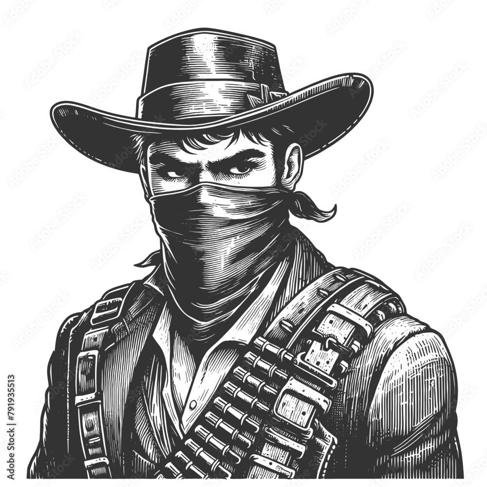 rugged outlaw from the Old West, wearing a bandana and ammo bandolier ...