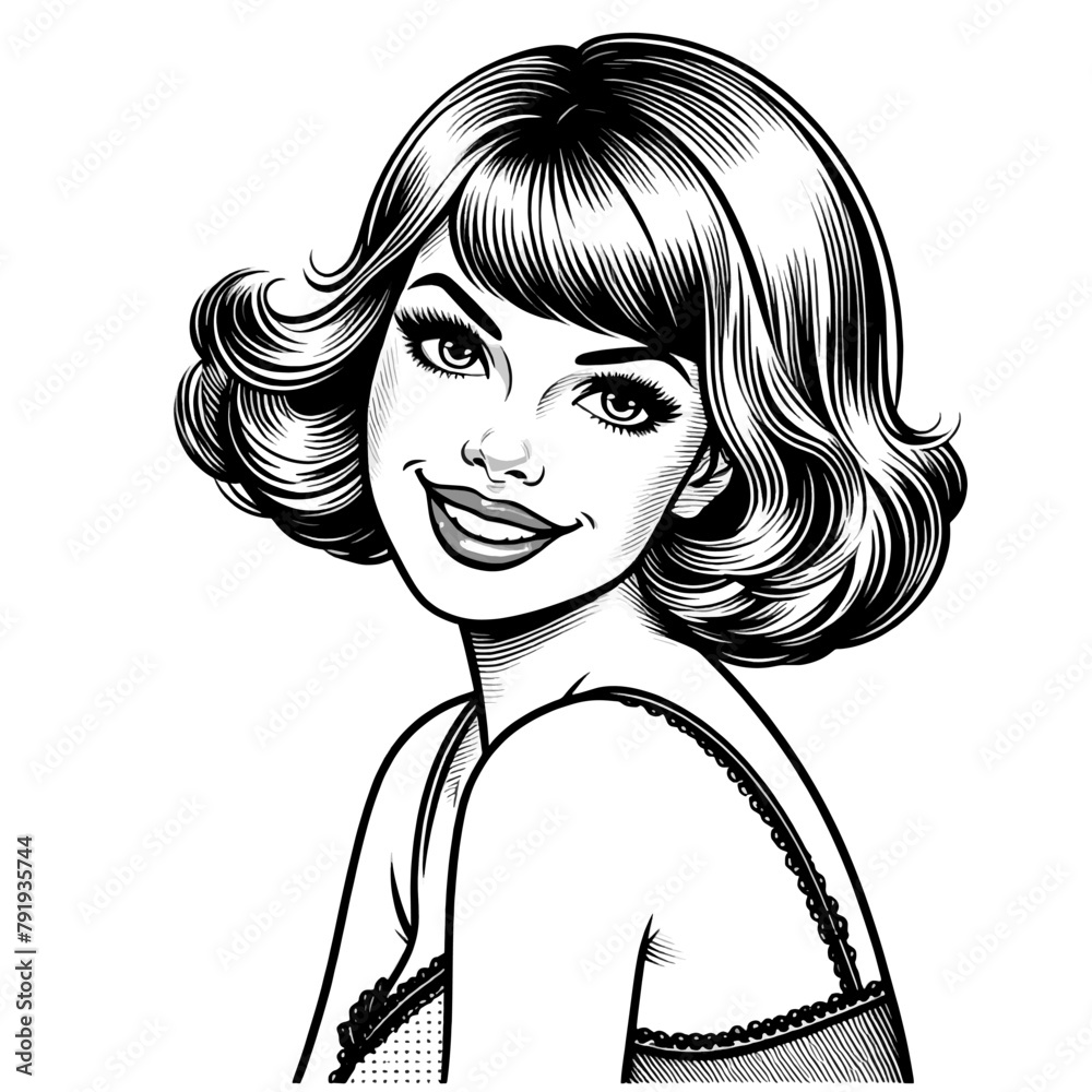 Pop Art Style Illustration Of A Smiling Woman With A Retro Hairstyle