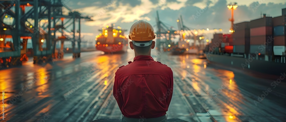 Port control officer oversees cargo ship loadingunloading at container ...