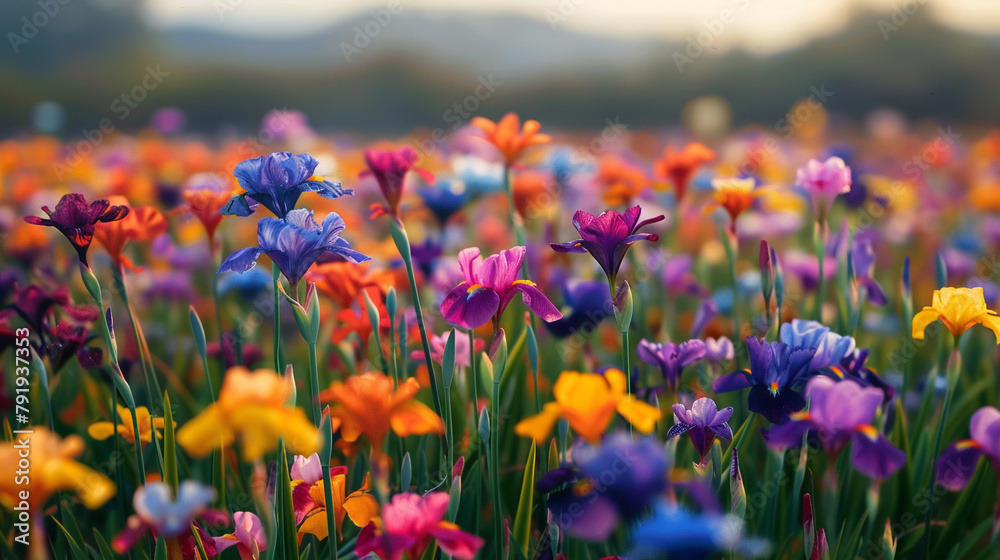 a field of African Iris flowers stretching into the distance, with ...