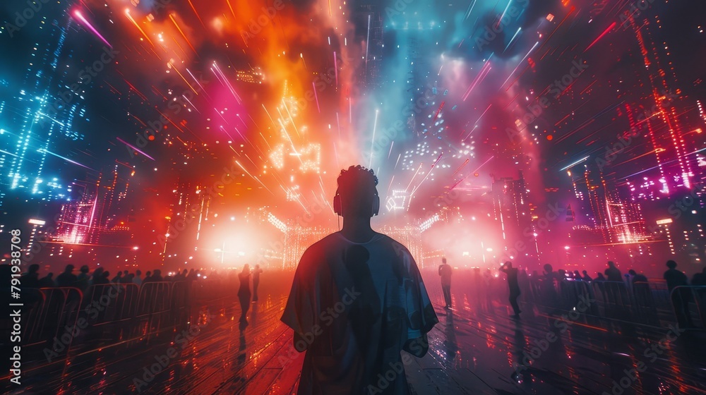 A man standing in front of a large crowd at a music festival. The crowd ...