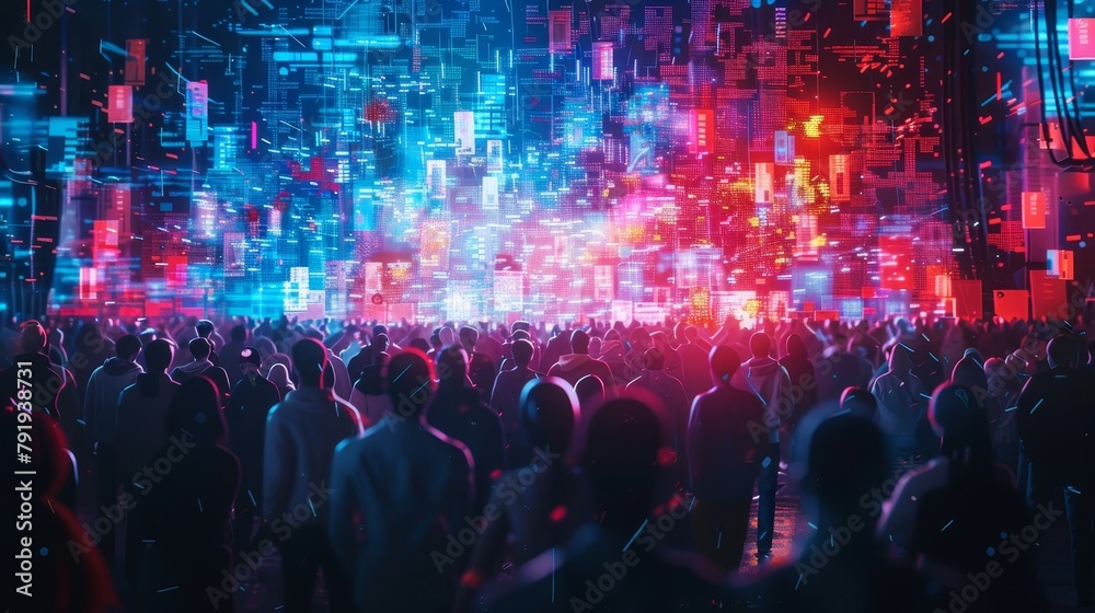 A large crowd of people are standing in front of a large digital screen ...