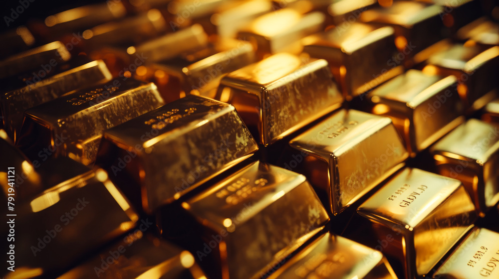 Lot of gold bars, shiny golden ingots closeup, much money bricks in ...