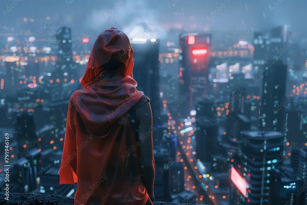 Craft a sleek, CG 3D render featuring a rebel hacker gazing over a cityscape in holographic ...